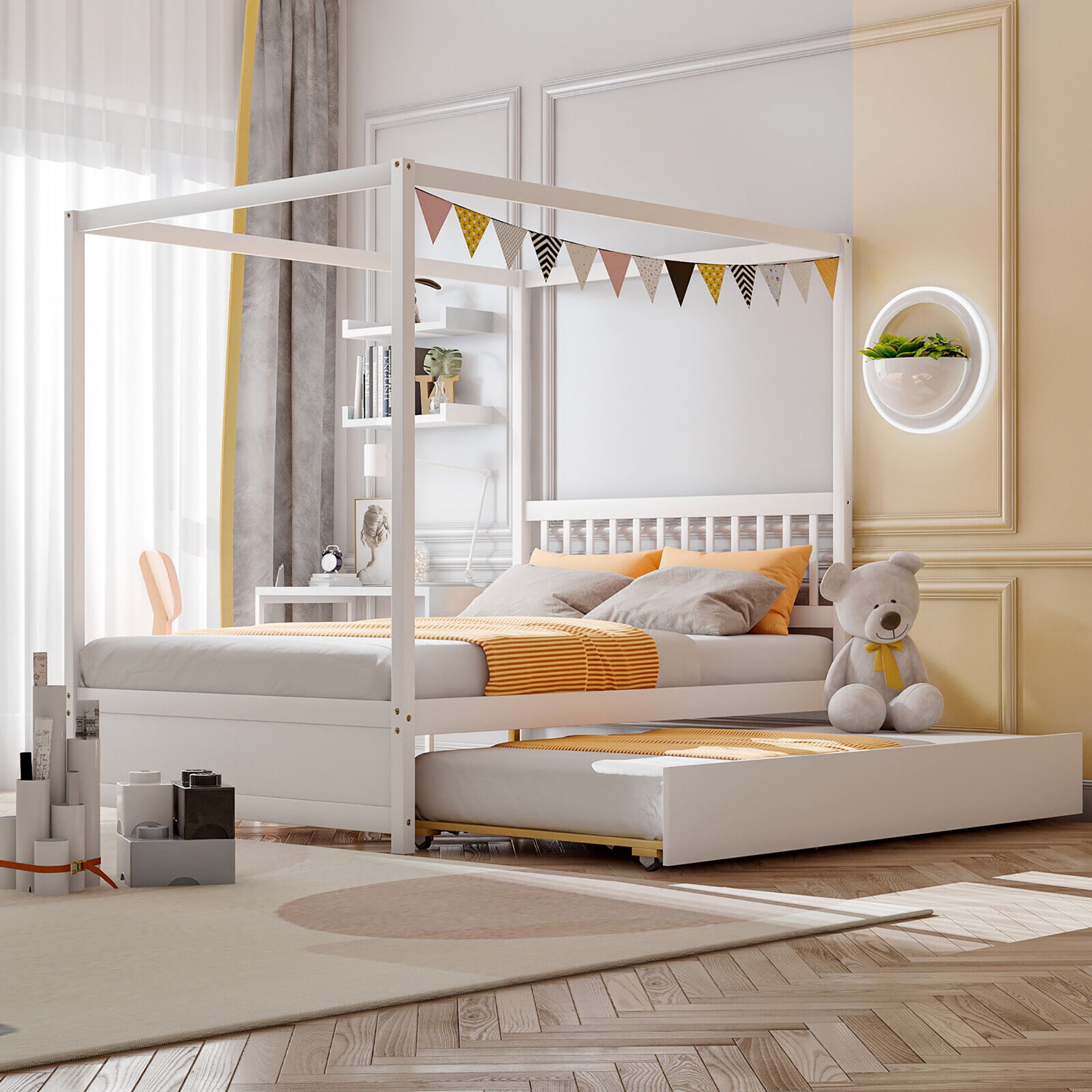 Click here for Gymax Full Size Canopy Bed With Trundle Wooden Pla... prices