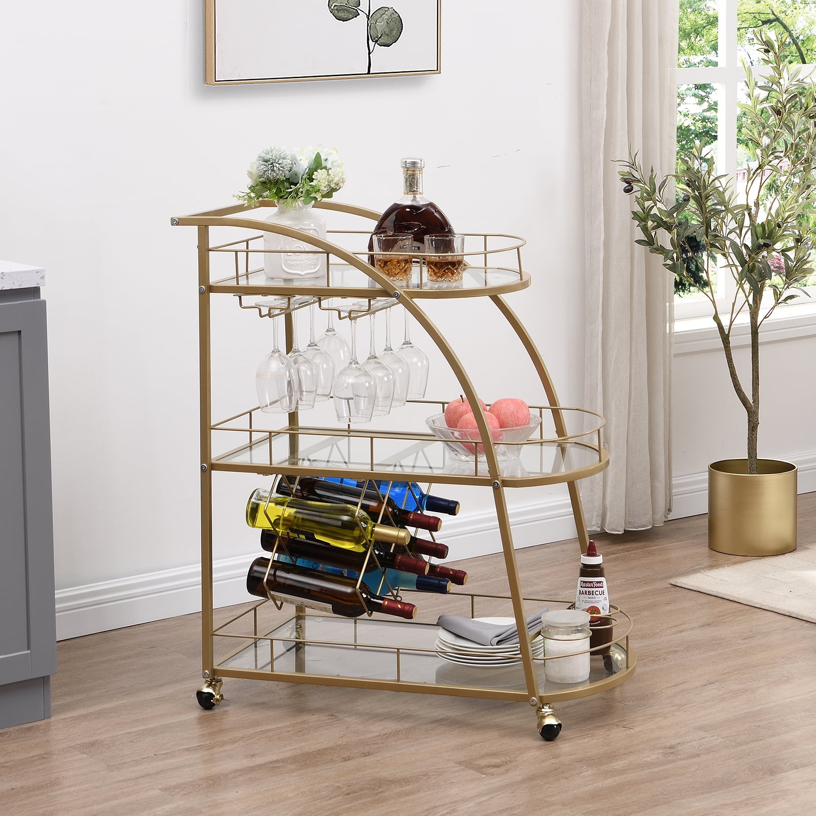 Golden Mobile Bar Cart Serving Wine Cart with Wheels& Wine Rack, 3-Tier ...