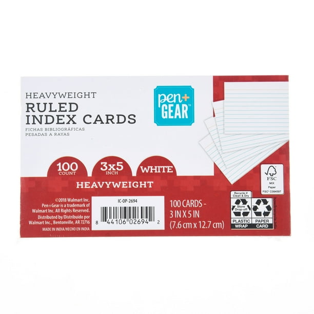 Pen + Gear Heavyweight Ruled Index Cards, White, 100 Count, 3" x 5 ...