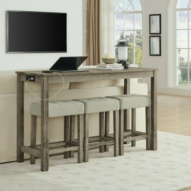 Pemberly Row 4 Piece Set of Console Bar Table & 3 Uph Console Stools in ...