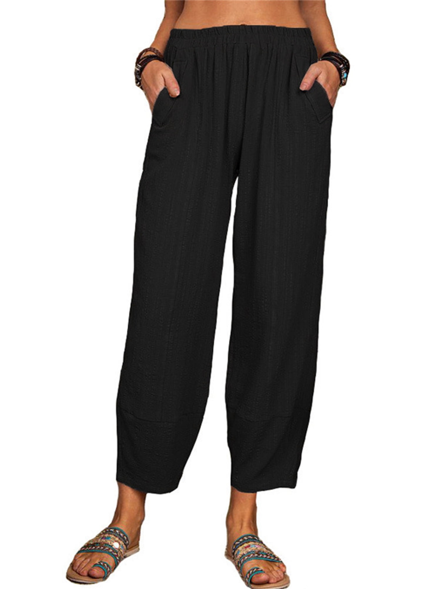 Women's Linen Harem Trouser Capri Pants Wide Leg Elastic Waist Cropped ...