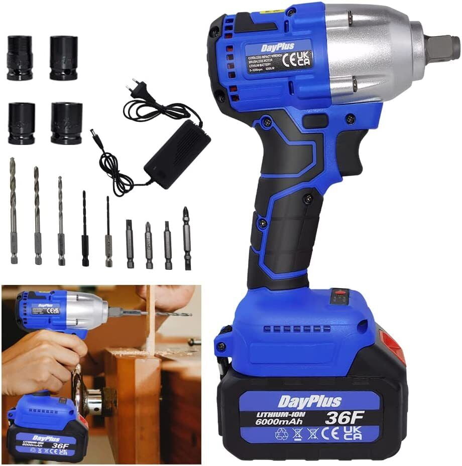 Dayplus 21V Cordless Impact Wrench 1/2" 420Nm High Torque Brushless ...
