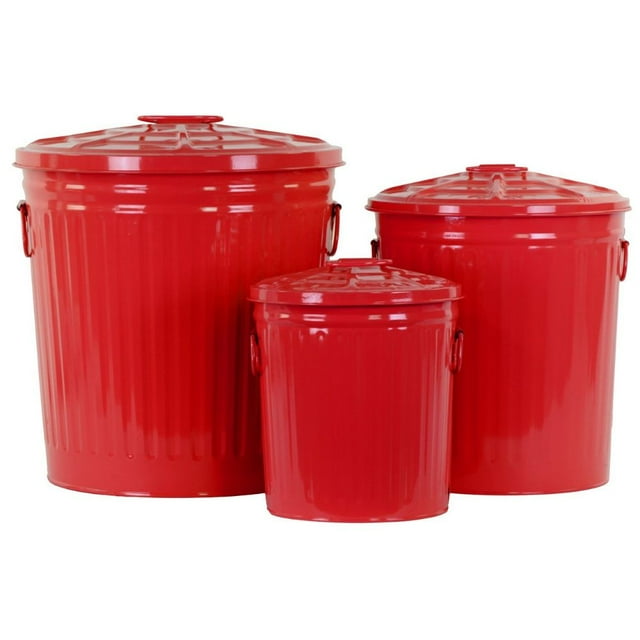 Set Of Three Metal Storage With Classic Garbage Can Design - Red ...