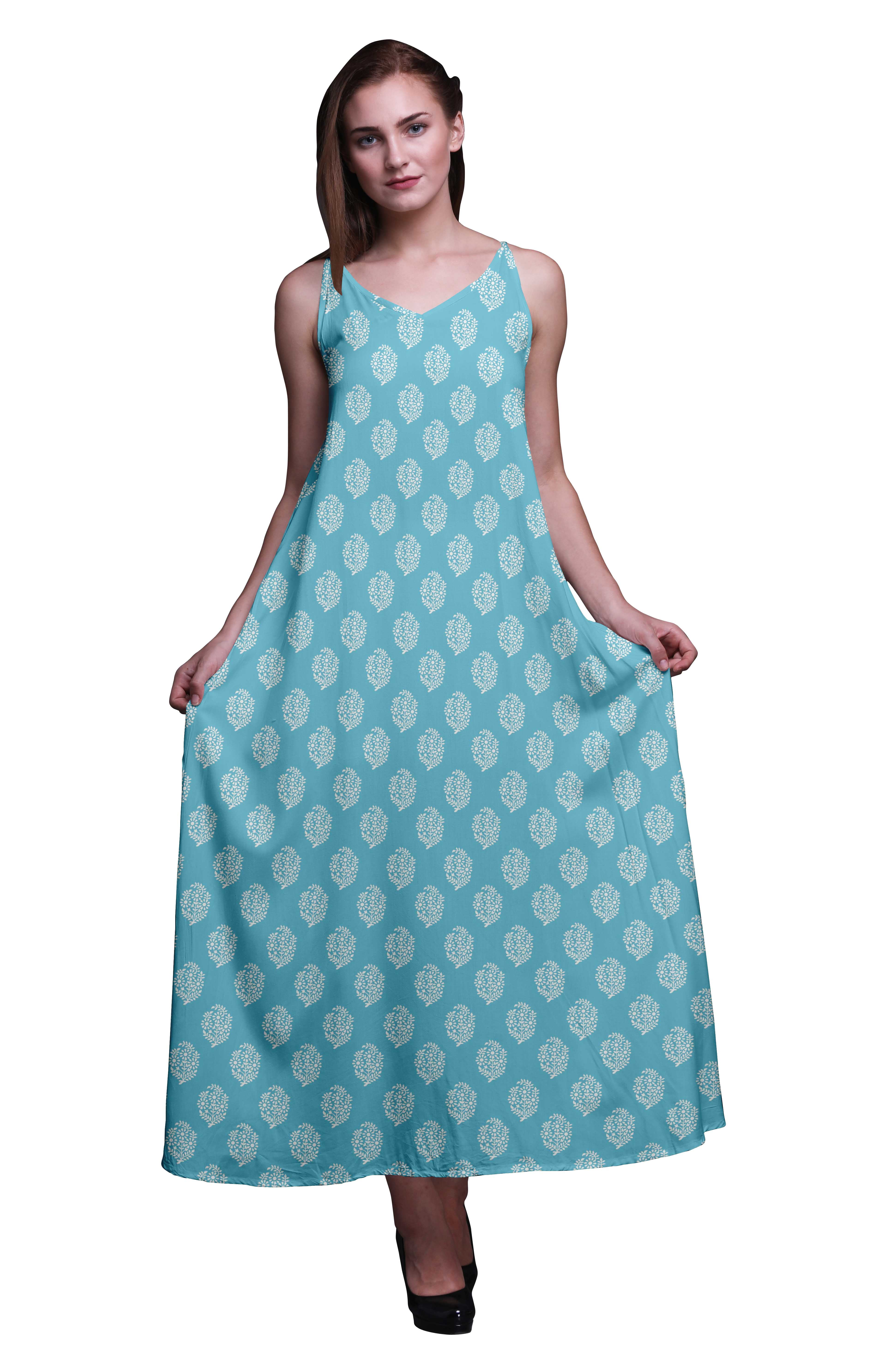 Bimba Rayon Block Womens Long Casual Dress Spaghetti Strap Summer Maxi ...