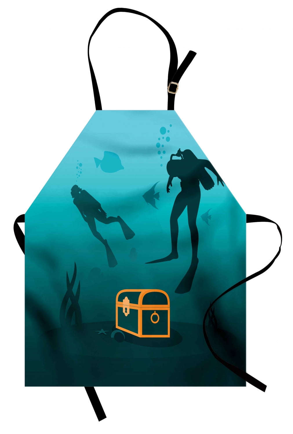 Deep Sea Apron, Silhouettes of Divers and a Sunken Ship Treasure Chest ...