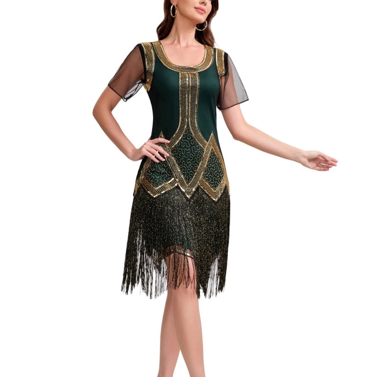 Kilaqueen Womens Vintage Inspired Fringe Dress with Sheer Short Sleeves ...
