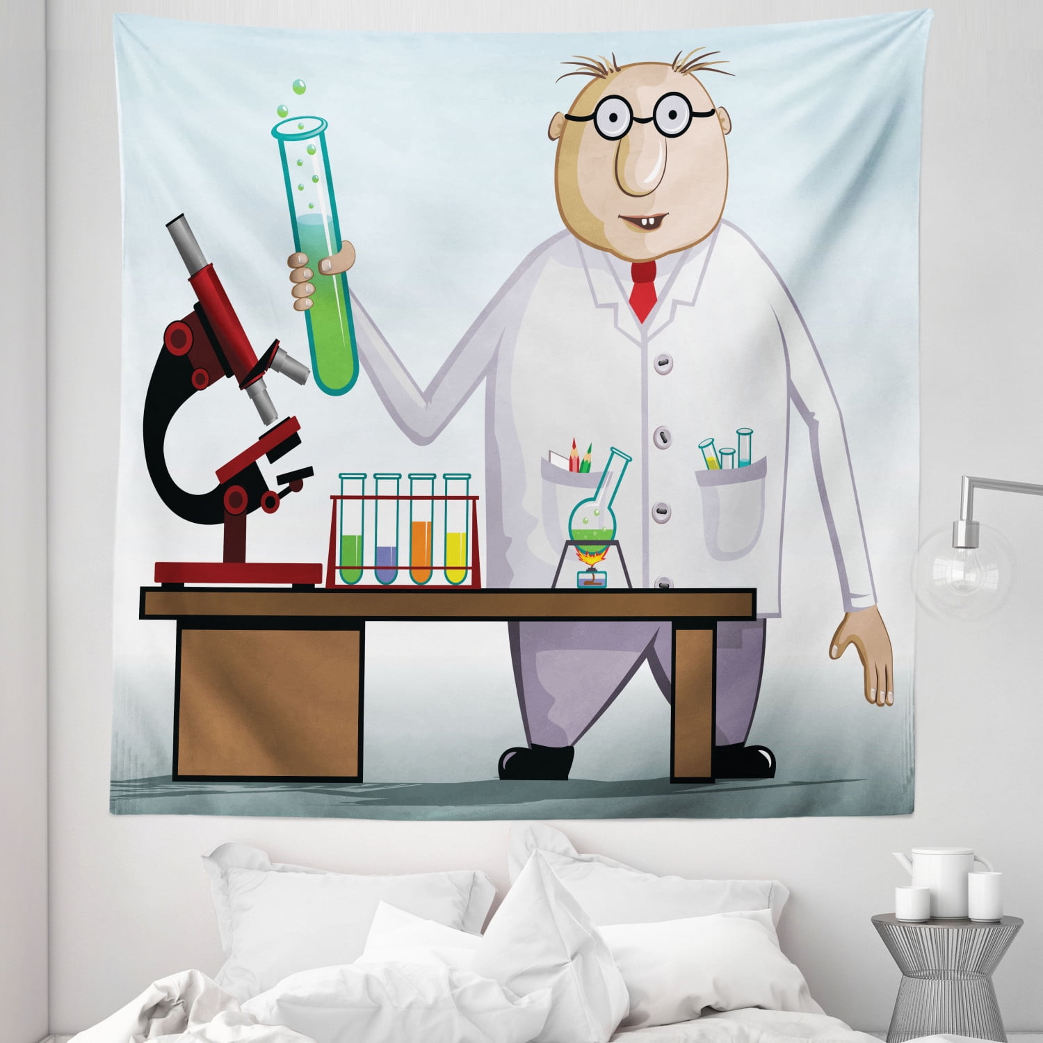 Lab Tapestry, Scientist Chemist with Test Tubes Flask and Microscope on ...