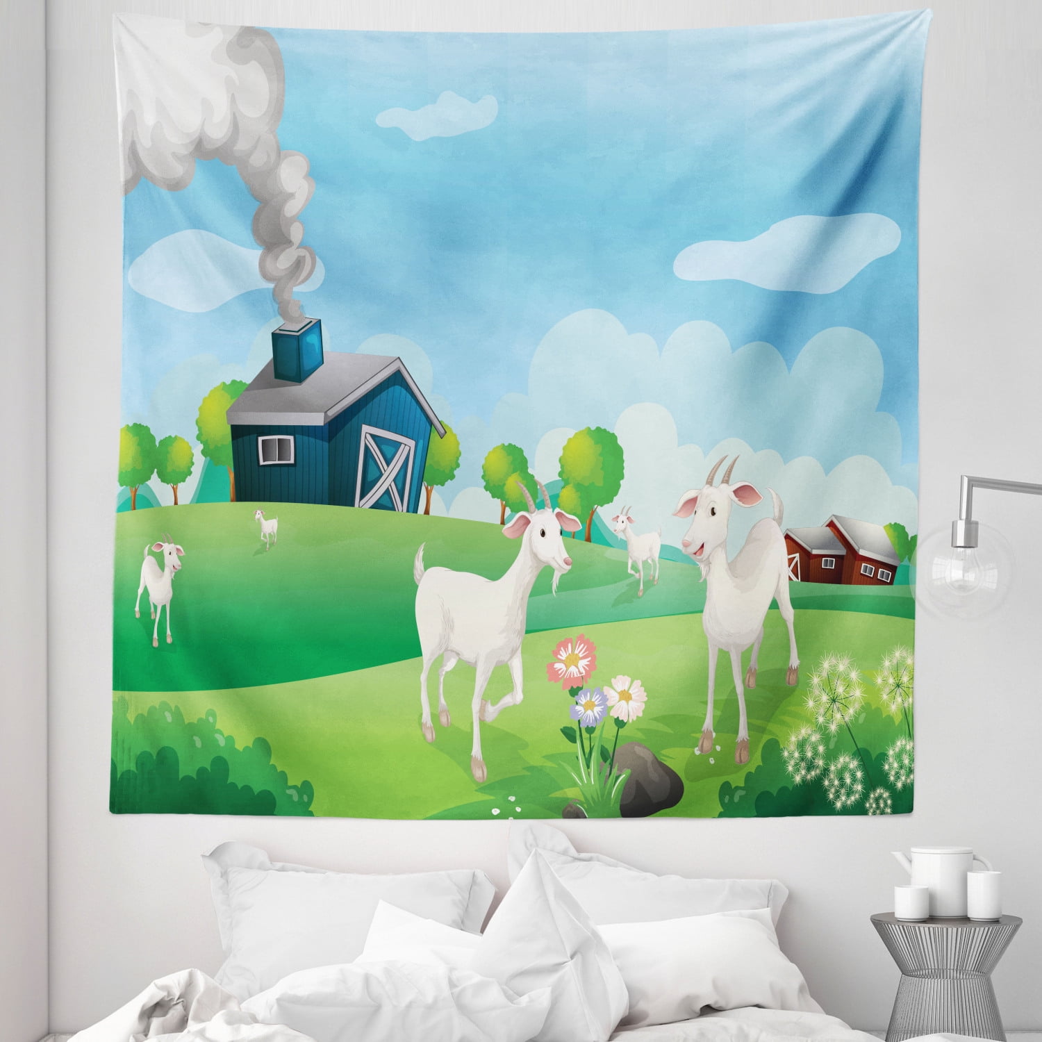 Farmhouse Tapestry, Pleasant Farm Life Illustration with Colorful ...