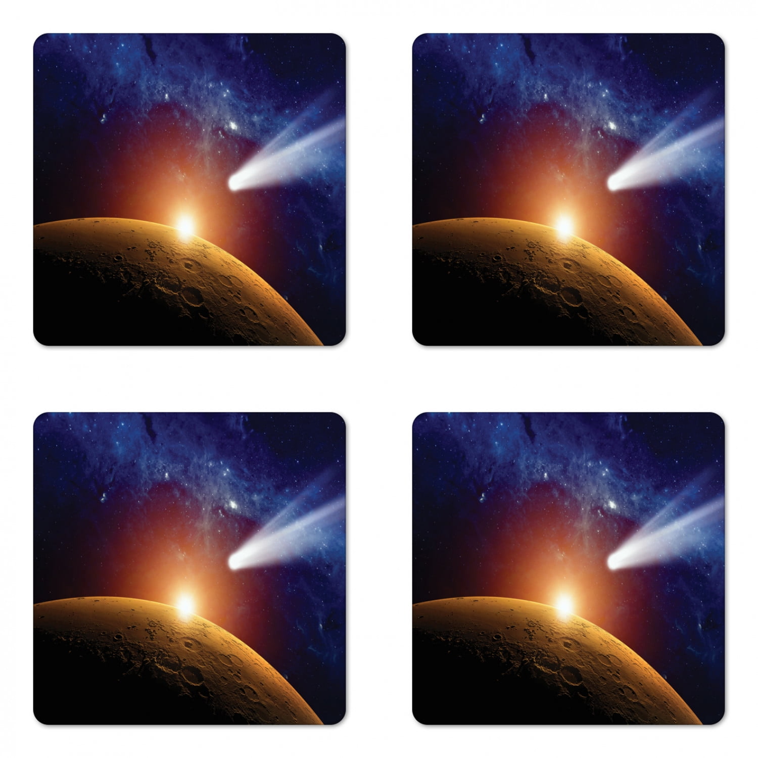 Outer Space Coaster Set of 4, Comet Tail Approaching Planet Mars Cosmos ...