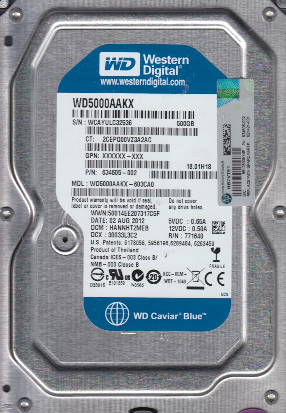 WD5000AAKX-603CA0, DCM HANNHT2MEB, Western Digital 500GB SATA 3.5 Hard ...