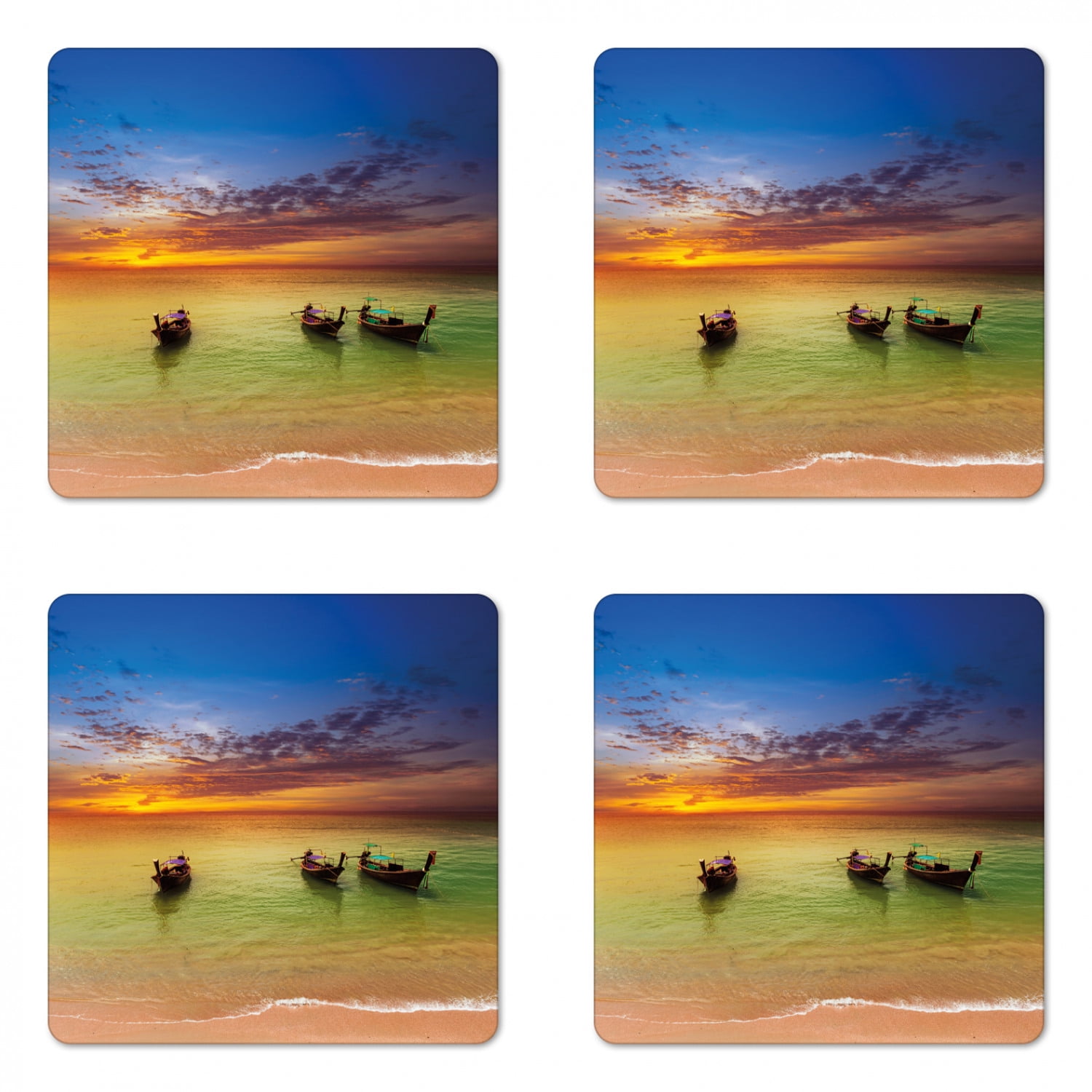 Tropical Coaster Set of 4, Traditional Thailand Boats in Ocean and ...