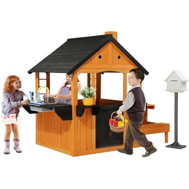 Qaba Outdoor Playhouse, Foldable Wooden Kids Cottage with Windows ...