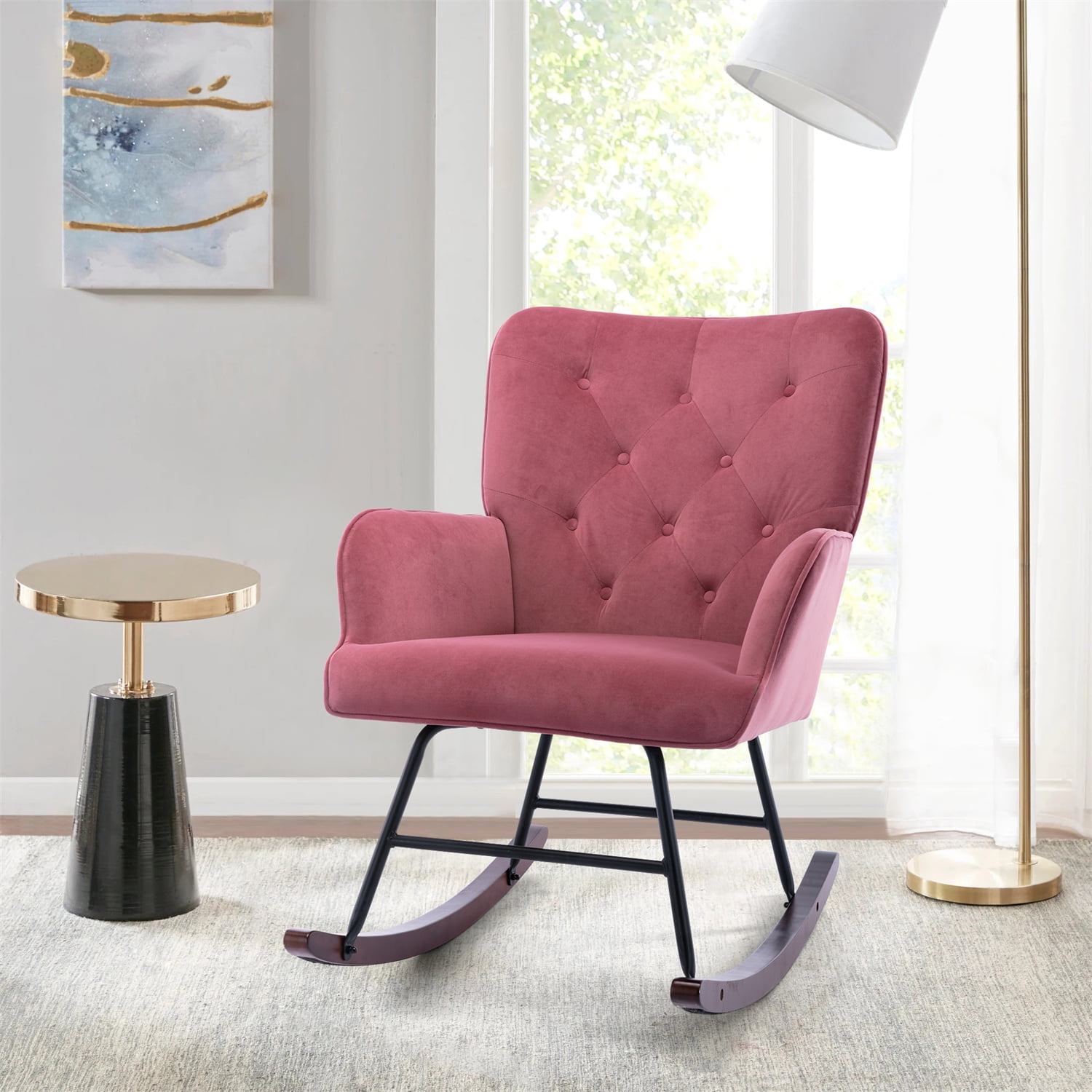Pink Velvet Rocking Chair, Upholstered Accent Living Room Chair with ...