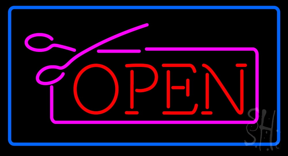 Red Pink Open with Scissors Blue Border LED Neon Sign 13 x 24 - inches ...