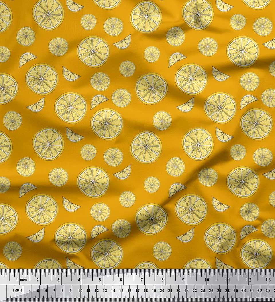 Soimoi Gold Silk Fabric Lemon Slice Vegetable Print Fabric by the Yard ...