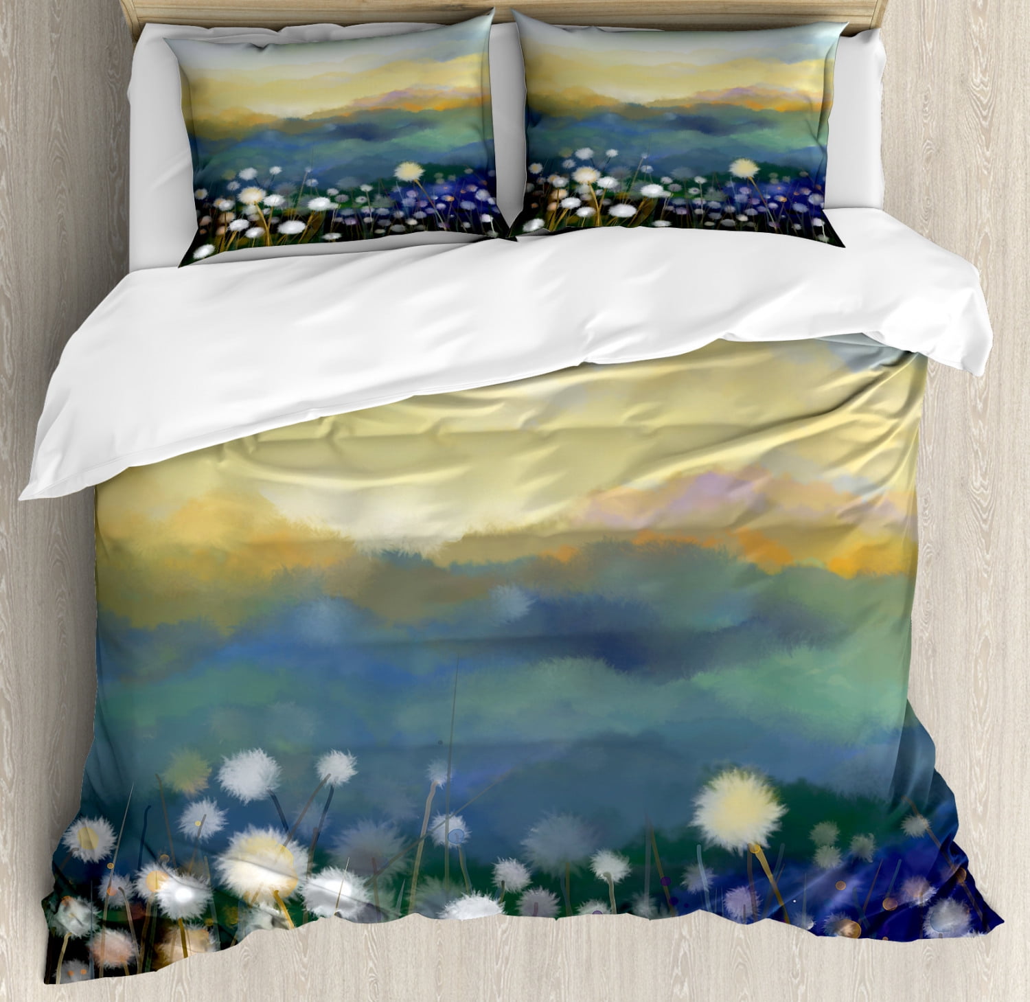 Dandelion Duvet Cover Set Queen Size, Oil Painting Effect Floral Scene and Mountains Flowers in ...