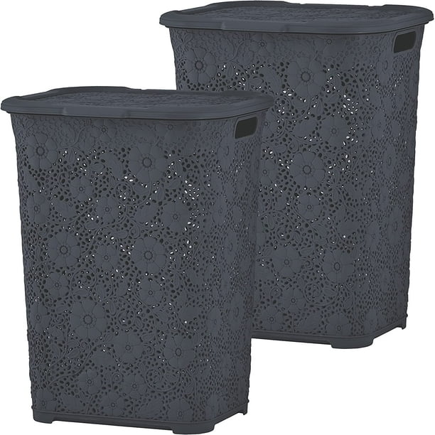 Superio 50L Large Lace Plastic Laundry Hamper with Lid - Grey (2 Pack ...