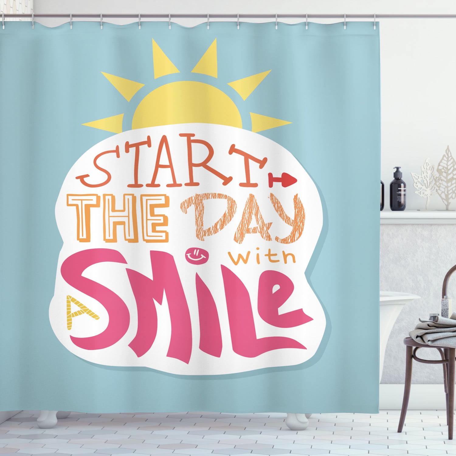 Ambesonne Positive Energy Shower Curtain, Start with a Smile, 69"Wx75"L ...