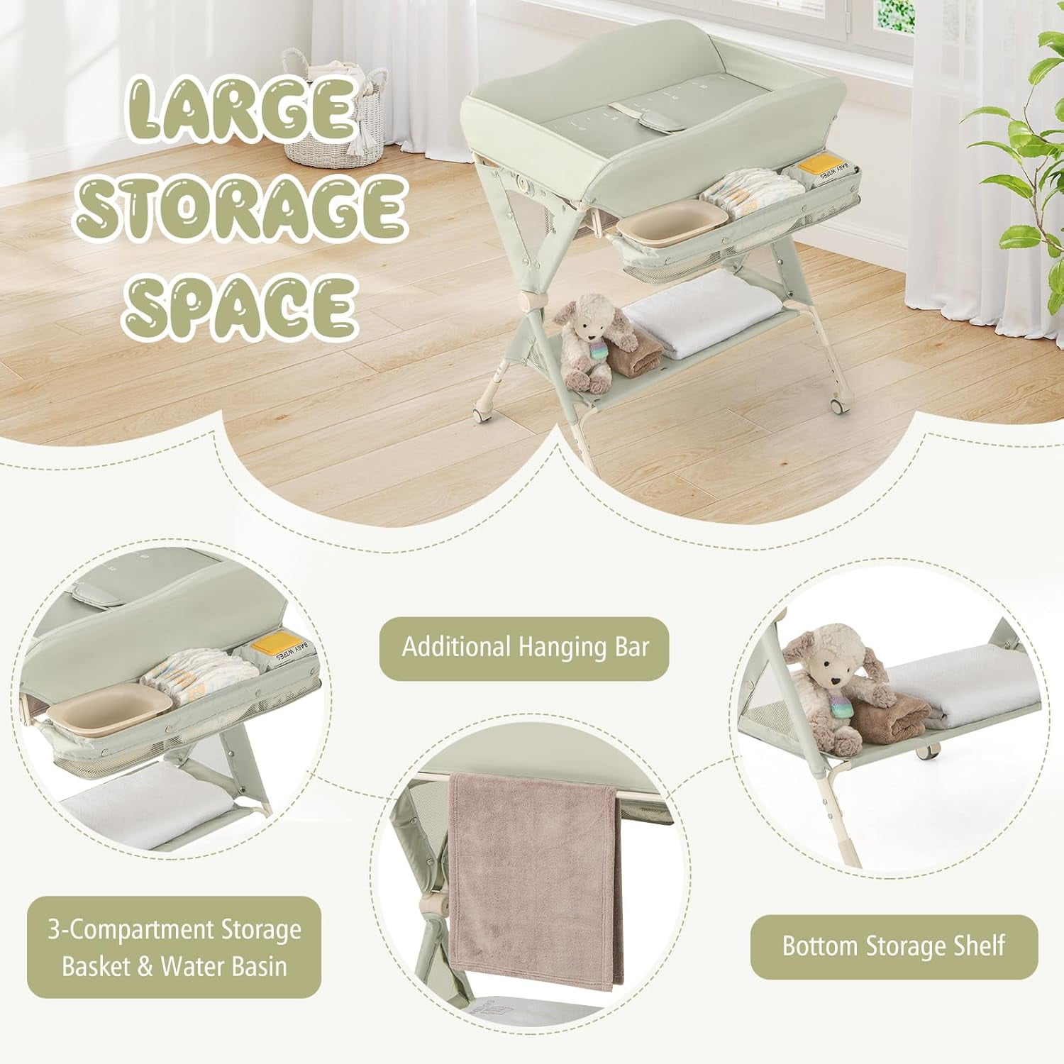 Foldable Diaper Station With Wheels Storage Portable Baby Changing ...