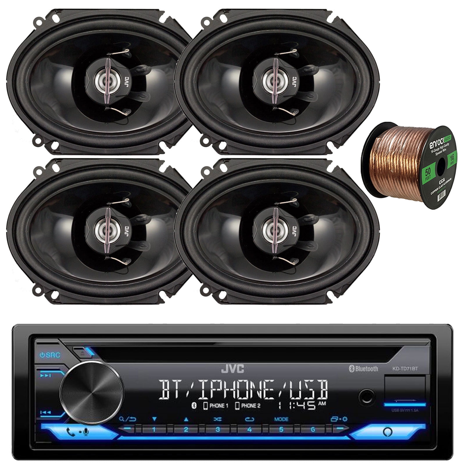 JVC KD-TD71BT Single DIN AM/FM Radio USB AUX Bluetooth CD Player Receiver Bundle Combo with 4x 6 ...