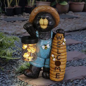 Ebros Forest Black Bear Mama & Cub W/Raccoon Welcome Sign Solar LED ...