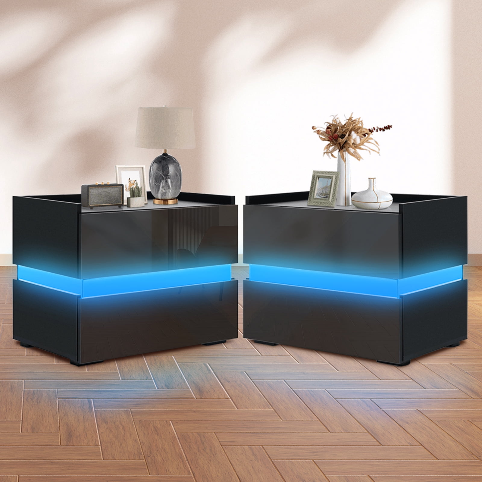 Hommpa Modern LED Nightstand Set of 2 High Gloss Led Bedside Table ...