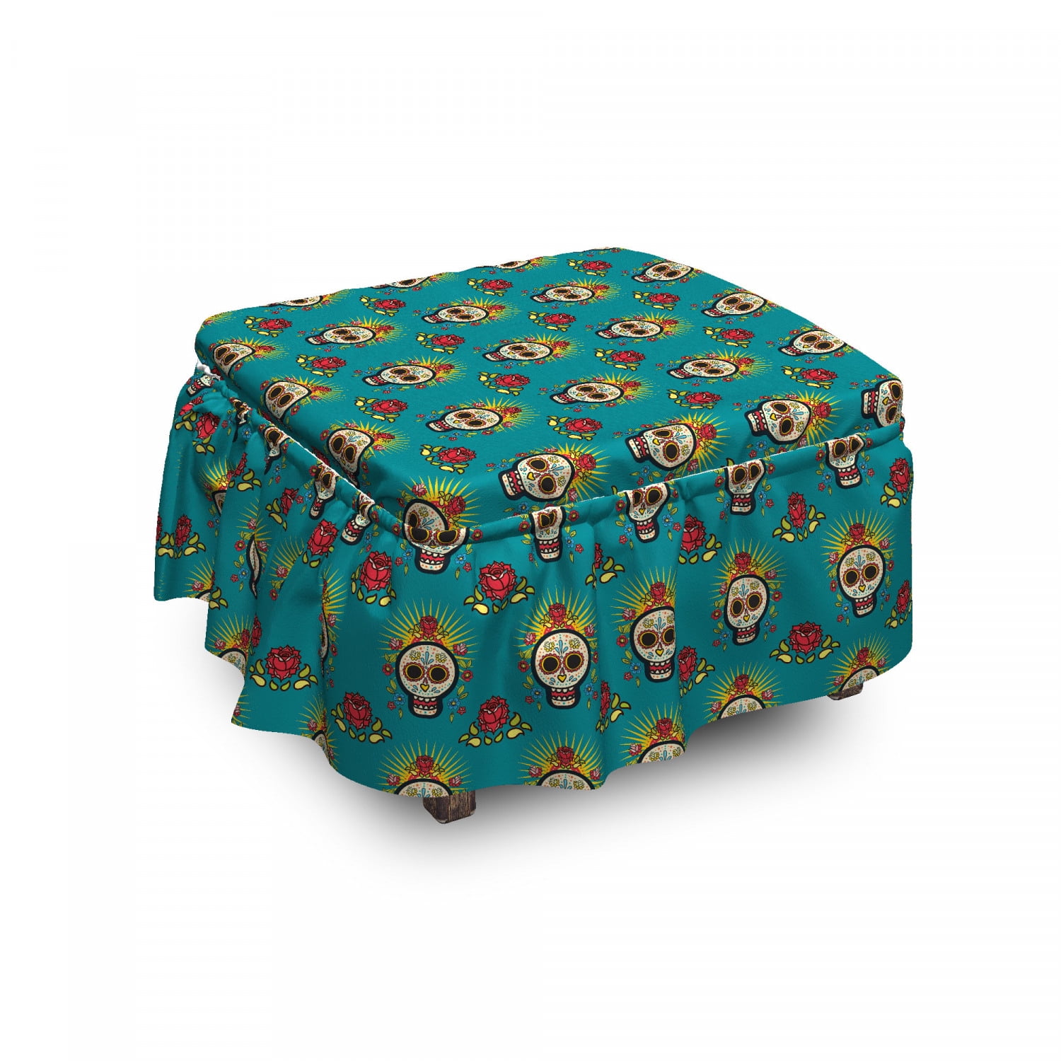 Vintage Floral Ottoman Cover, Ethnic Sugar Skulls Design, 2 Piece ...
