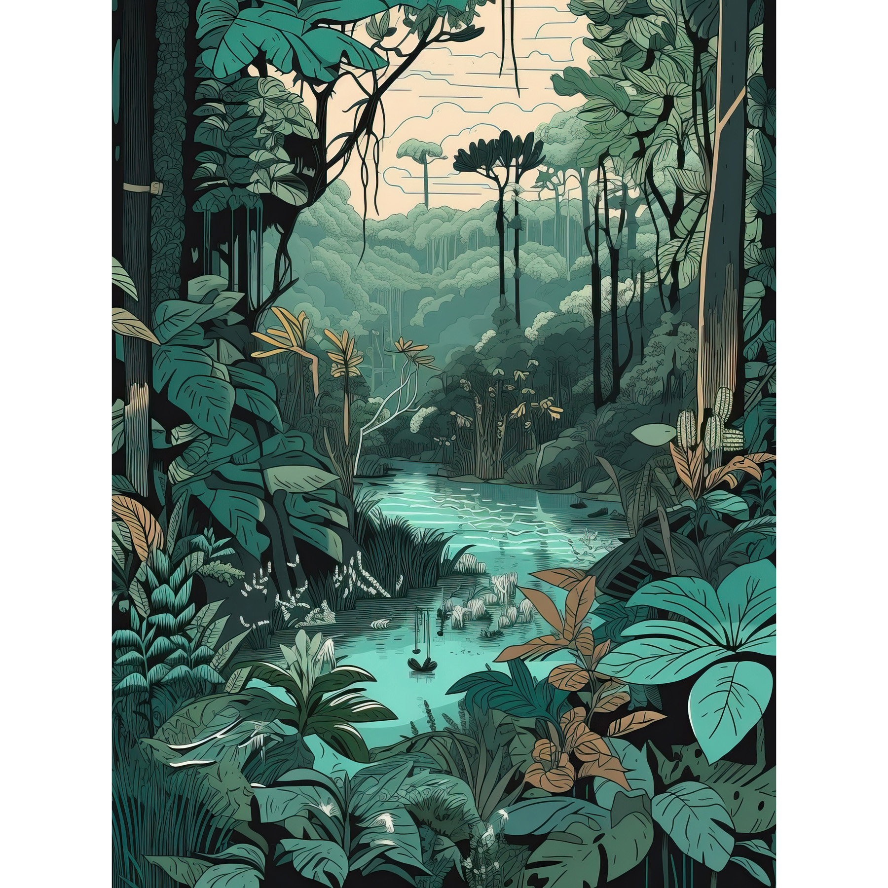 Amazon Rainforest Flora Landscape Illustration Unframed Wall Art Print ...