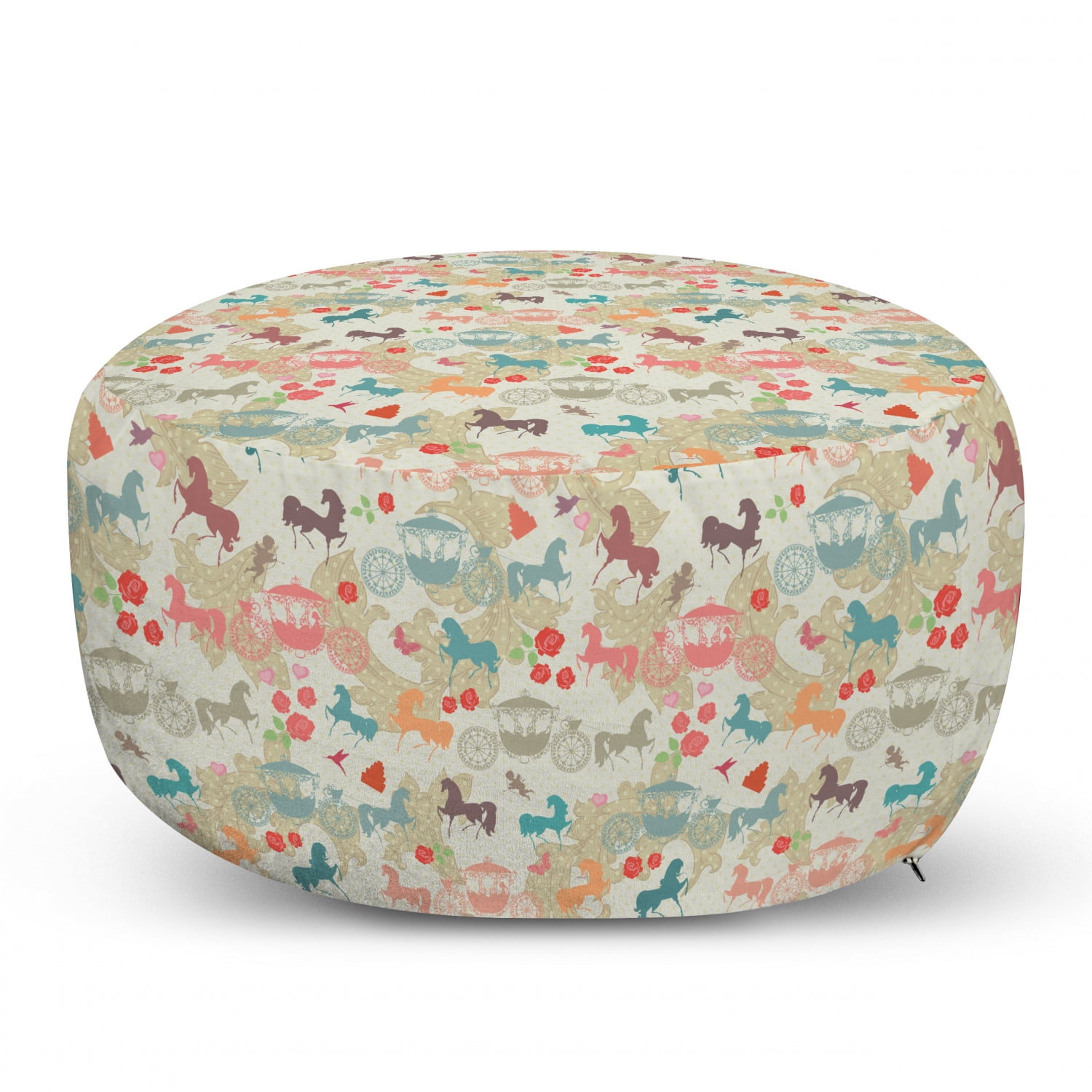 Horses Pouf Cover with Zipper, Carriage with Stallions Abstract s ...