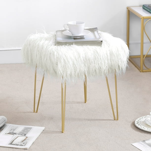Homebeez Faux Fur Vanity Stool, Small Fluffy Vanity Seat,Furry Ottoman ...