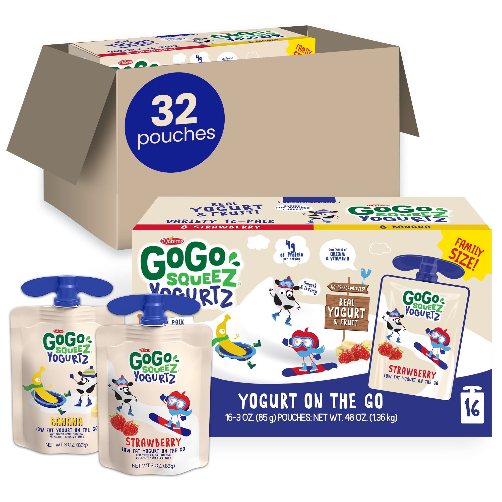 GoGo SqueeZ yogurtZ Strawberry and Banana Snack Pouches, 3 oz, 32 Pack - Walmart.com