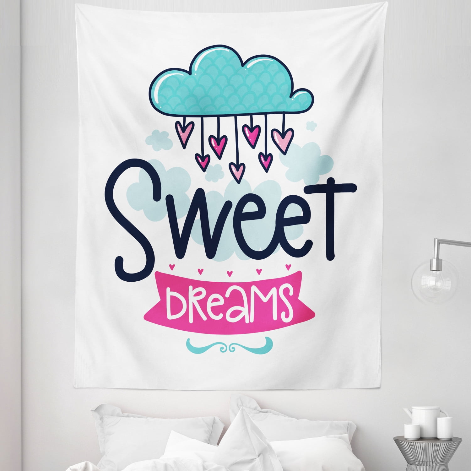 Saying Tapestry, Cartoon Hanging Hearts from a Cloud with Scale Pattern ...