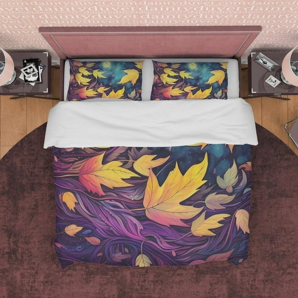 Midnight Purple Fall Funda Nórdica Hoja Seca Juego de Cama, Cálidos ...