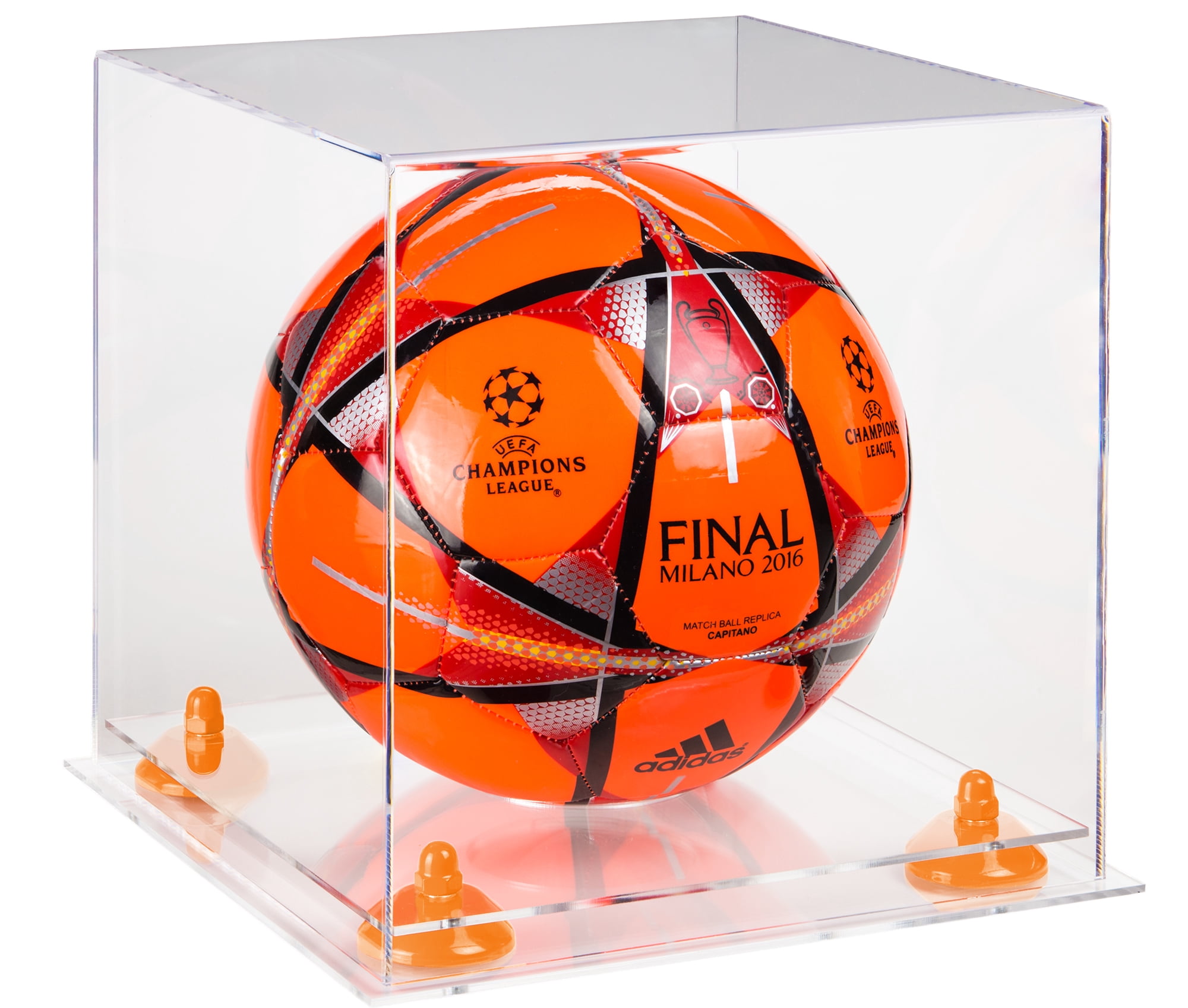 Deluxe Clear Acrylic Soccer Ball Display Case with Orange Risers and ...