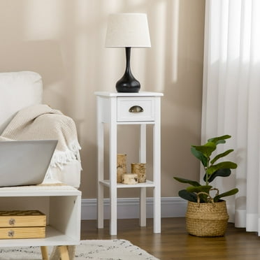 Untyo White Round Side Table, 2-Tier Nightstand End Table with Storage ...