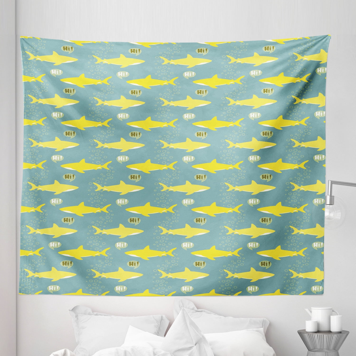 Shark Tapestry, Silhouettes Saying Hi Fish Friendly Representation ...