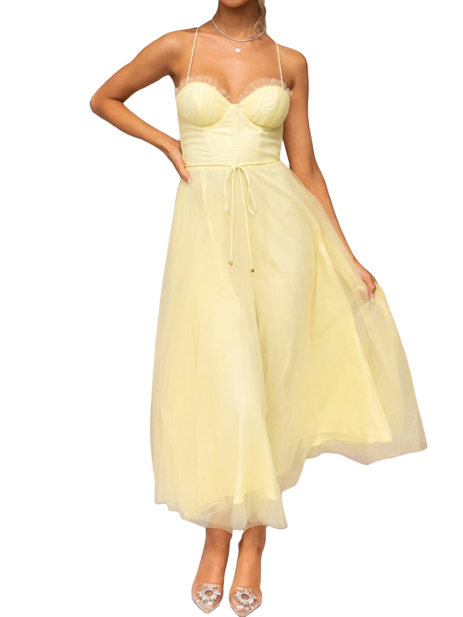 Biekopu Women Tulle Formal Evening Dress,Solid Color Backless Corset ...