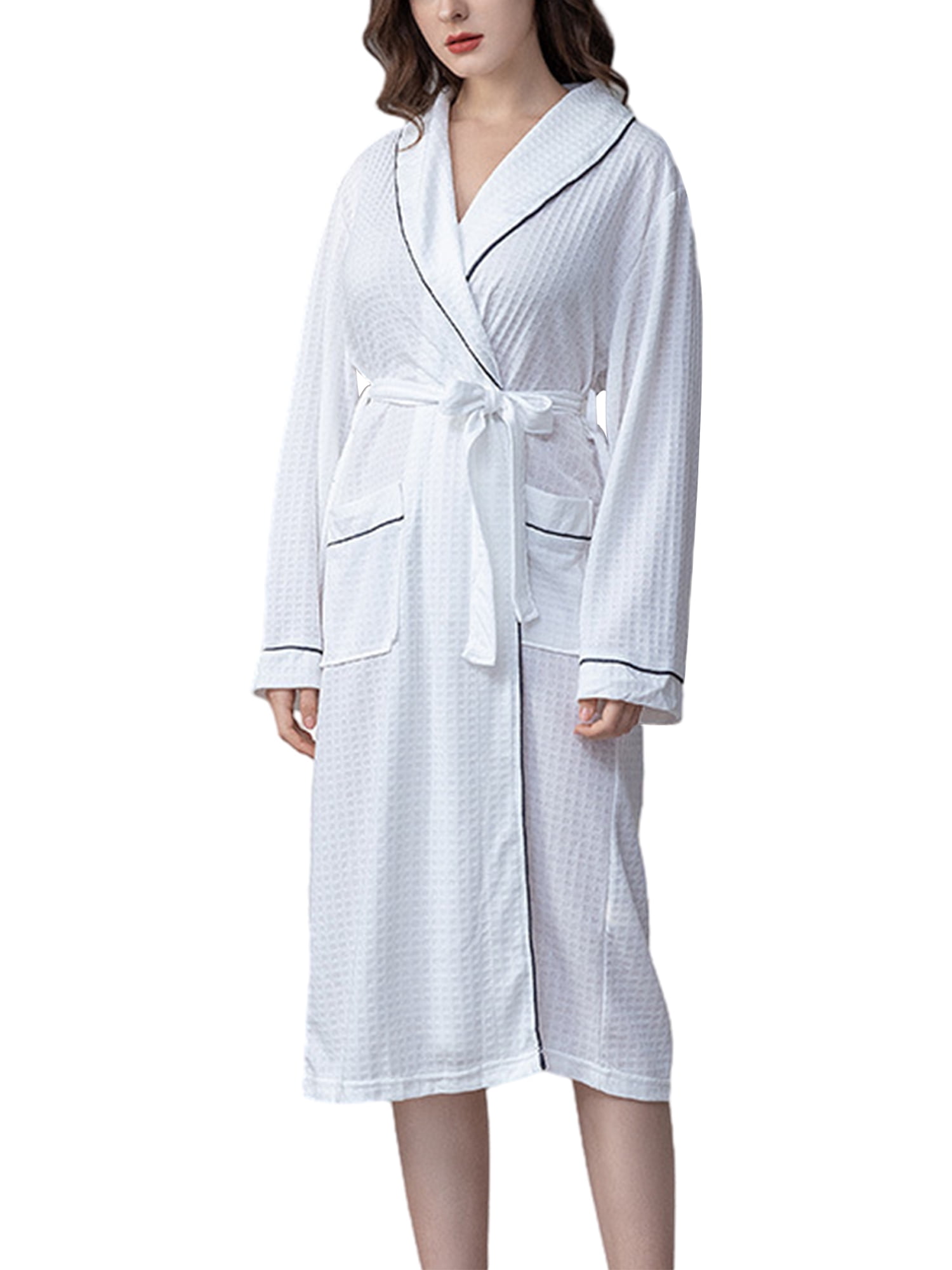 FOCUSNORM Women Dressing Gown Waffle Robe Patchwork Shawl Collar ...