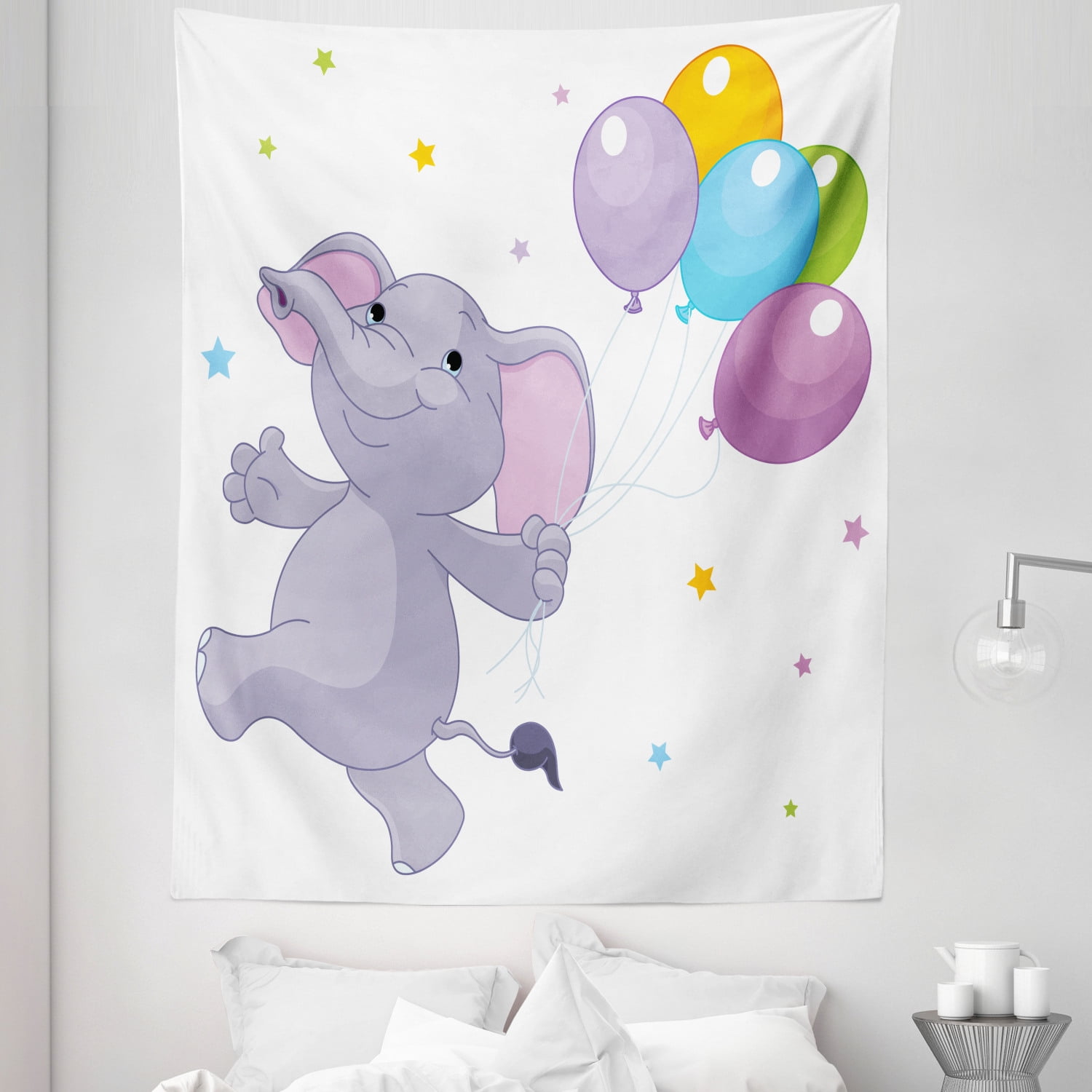 Cartoon Tapestry, Happy with Colorful Balloons and Stars Cheerful Fun ...