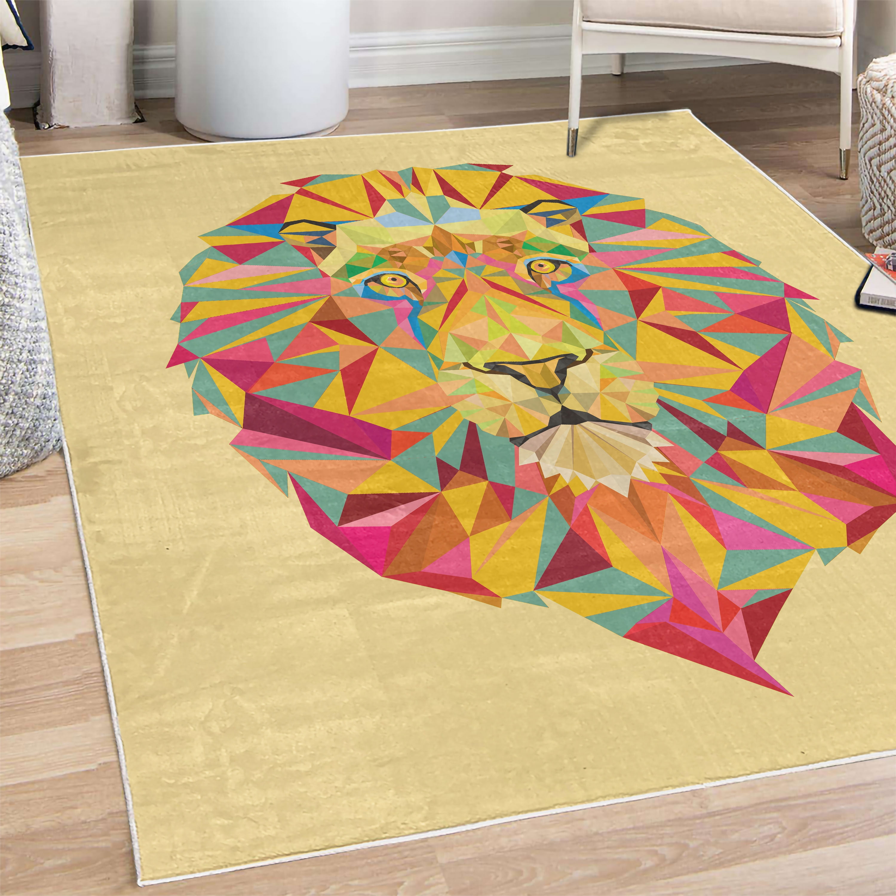 Zoo Decorative Rug, Colorful Animals Geometric Diamond Face Lions Mane ...