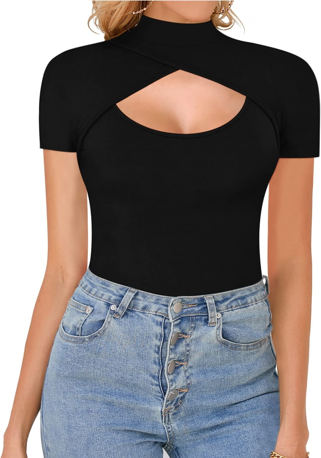 YOUI-GIFTS Mock Neck Cutout Front Cross Wrap Short Sleeve Bodysuit for ...