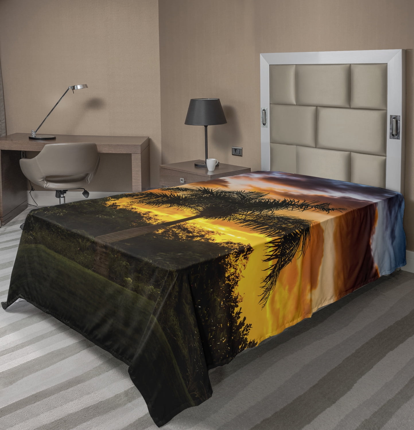 Palm Tree Flat Sheet, Palm Tree Silhouette Scene at the Sunset Twilight ...