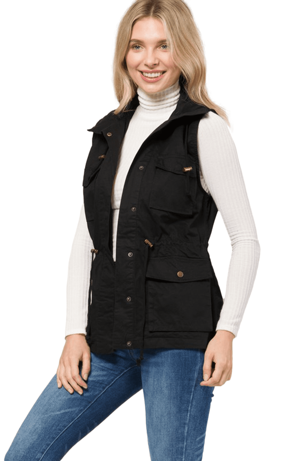 PacificPlex Womens Sleeveless Hooded Cargo Utility Vest, Large, Black ...