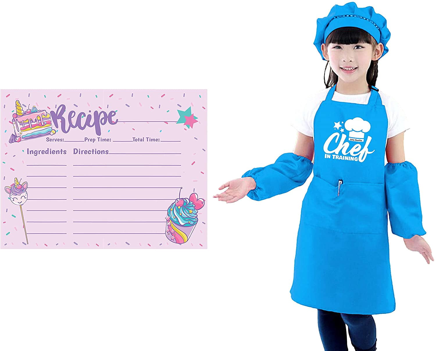 Kids Kitchen Apron Set with Unicorn Rainbow Recipe Cards Set, Kids ...