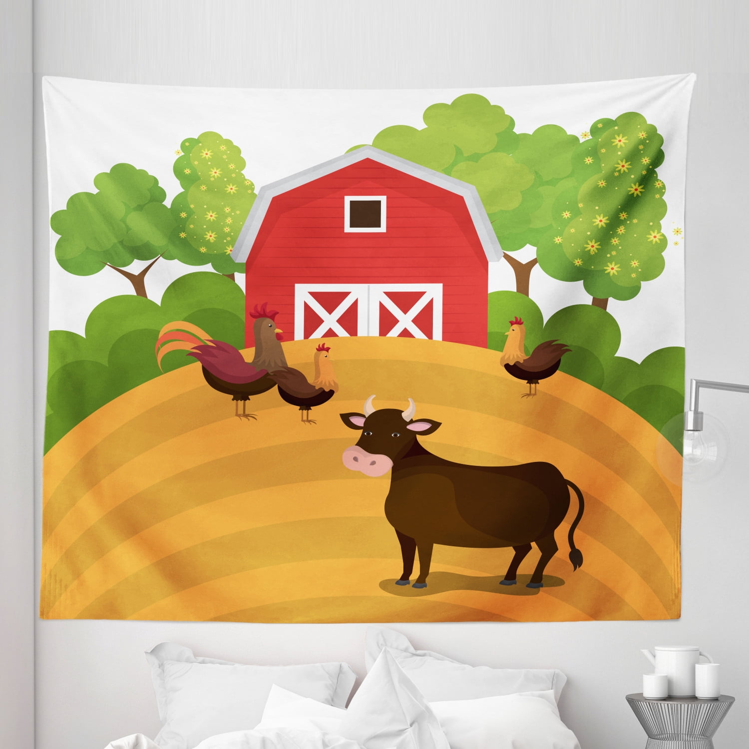 Farmhouse Tapestry, Chickens Barnyard Rooster Bull Field Stable Design ...