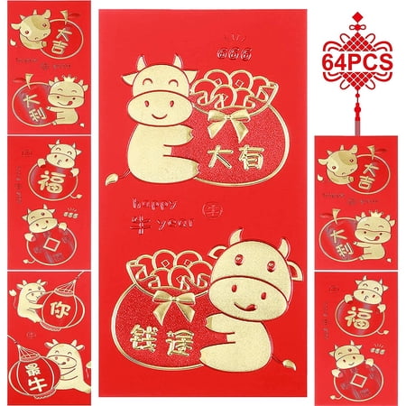 64 Pieces Chinese New Year Red Ox Year Money Packets Hong Bao Lucky ...