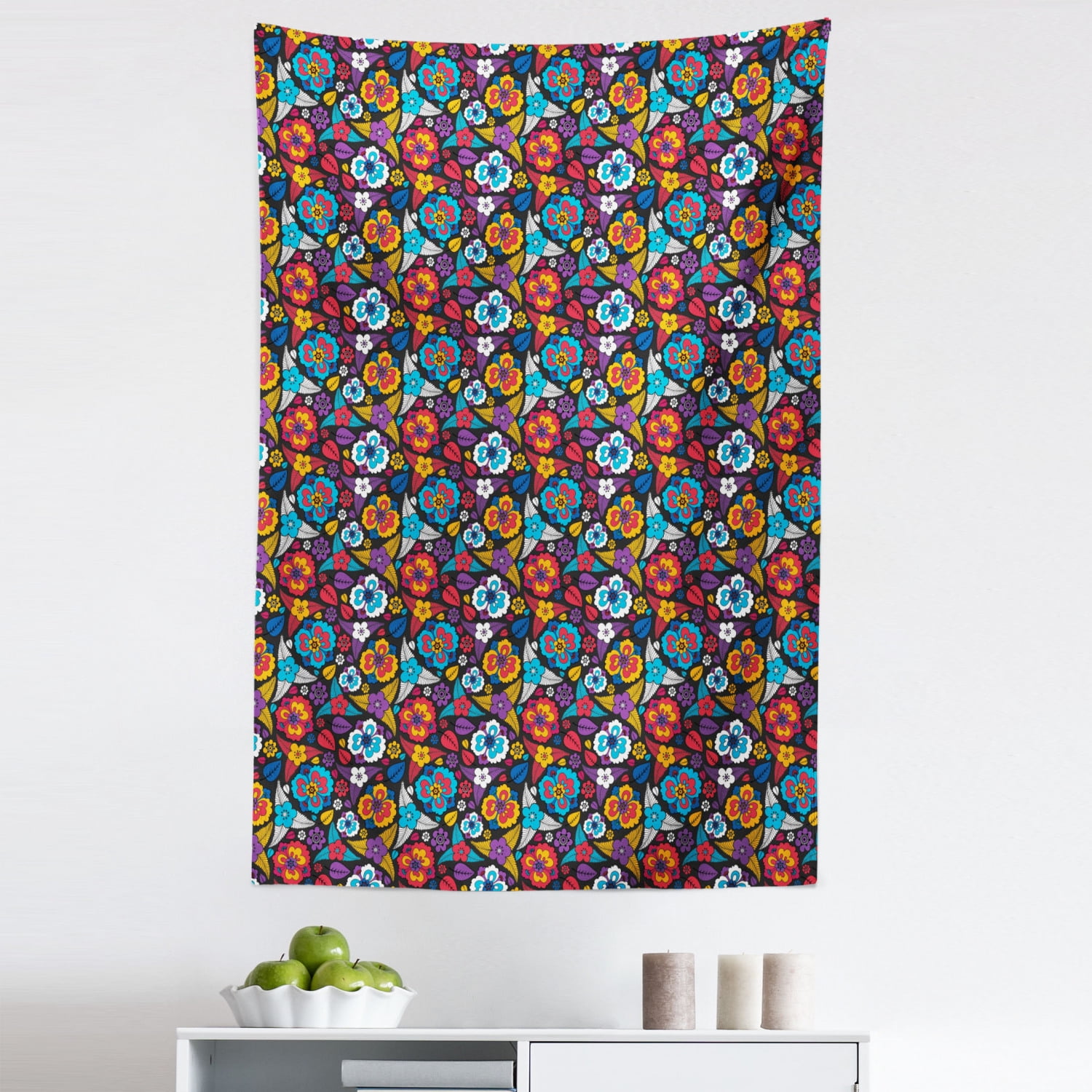 Colorful Tapestry, Scroll Pattern in Aloha Style Lively Blossoms and ...