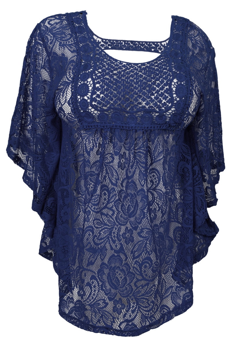 Evogues Plus Size Sheer Crochet Floral Lace Poncho Top Navy