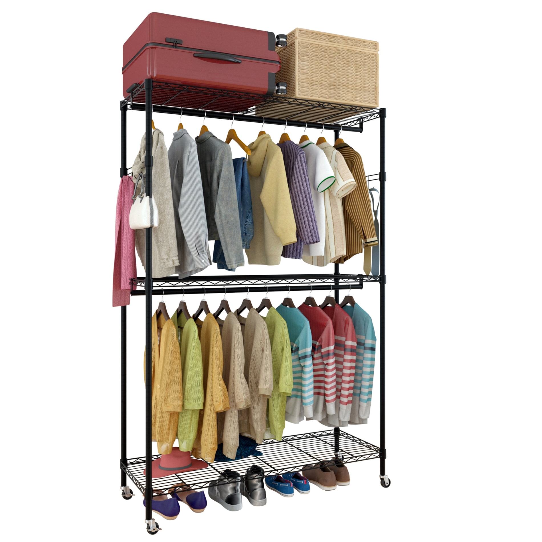 GoDecor 2 Shelves Wire Clothing Rack with Wheels,Closet System Storage ...