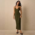 Dark Brown Ribbed Knit Midi Dress With Spaghetti Straps V-Neck Bodycon ...